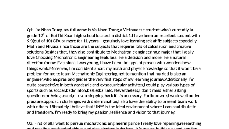 Mechatronic Engineering Aspirations: Nhan Trung's Journey to USYD - Studocu