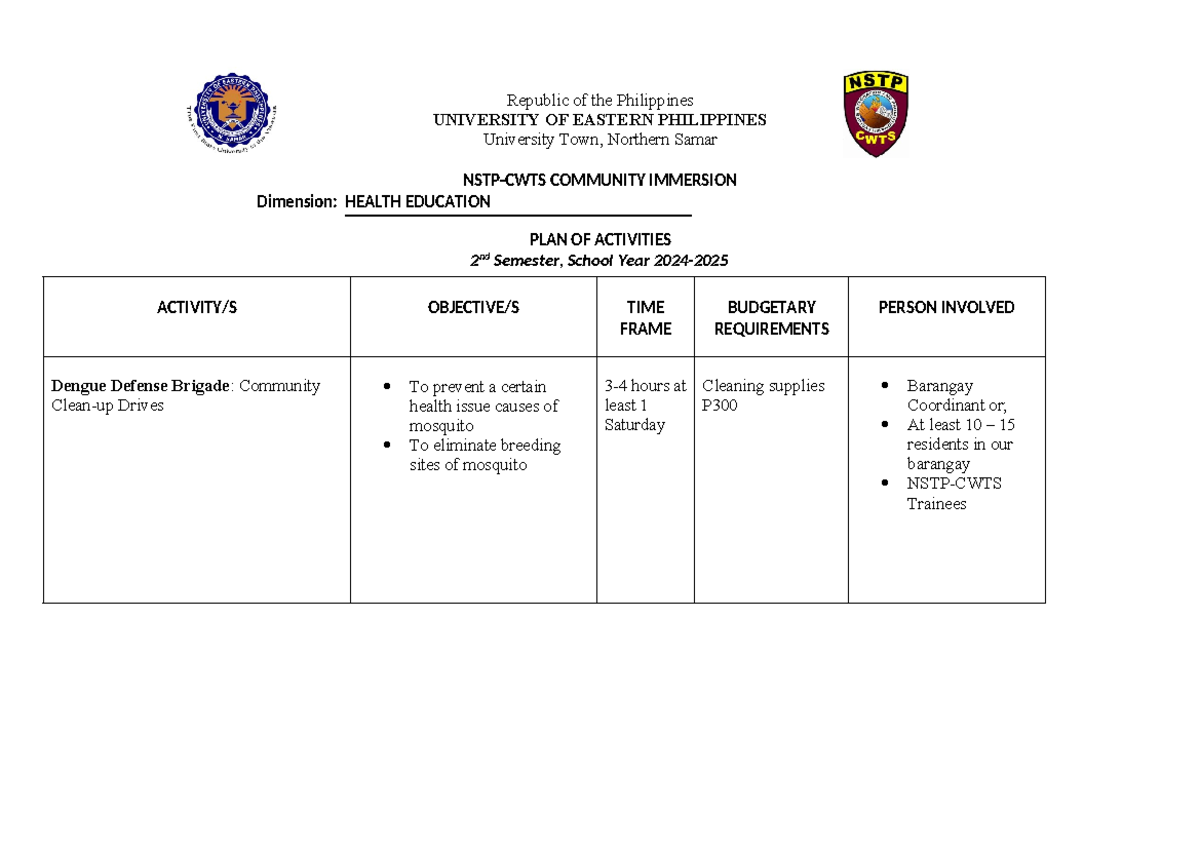 NSTP CWTS PLAN OF Activities - Republic of the Philippines UNIVERSITY ...