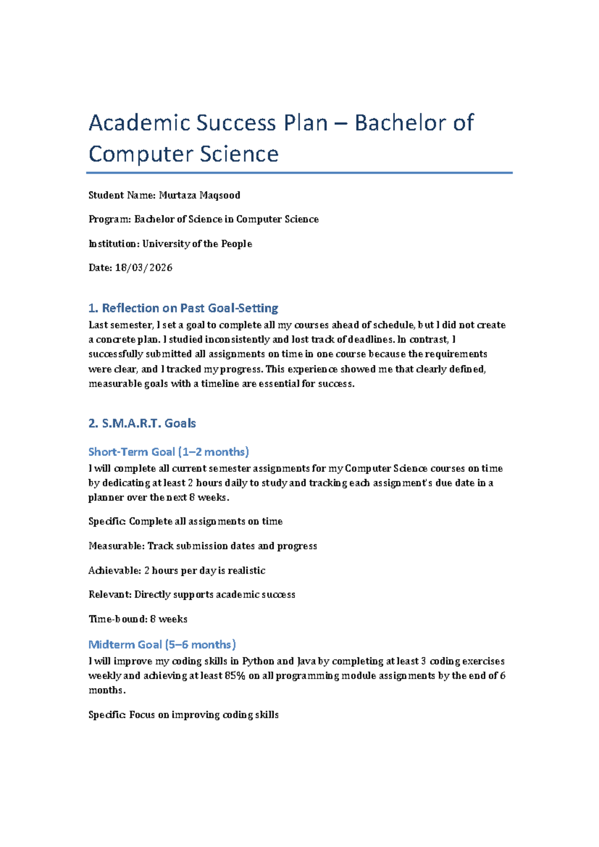 Academic Success Plan for BCS: S.M.A.R.T. Goals & Action Steps - Studocu