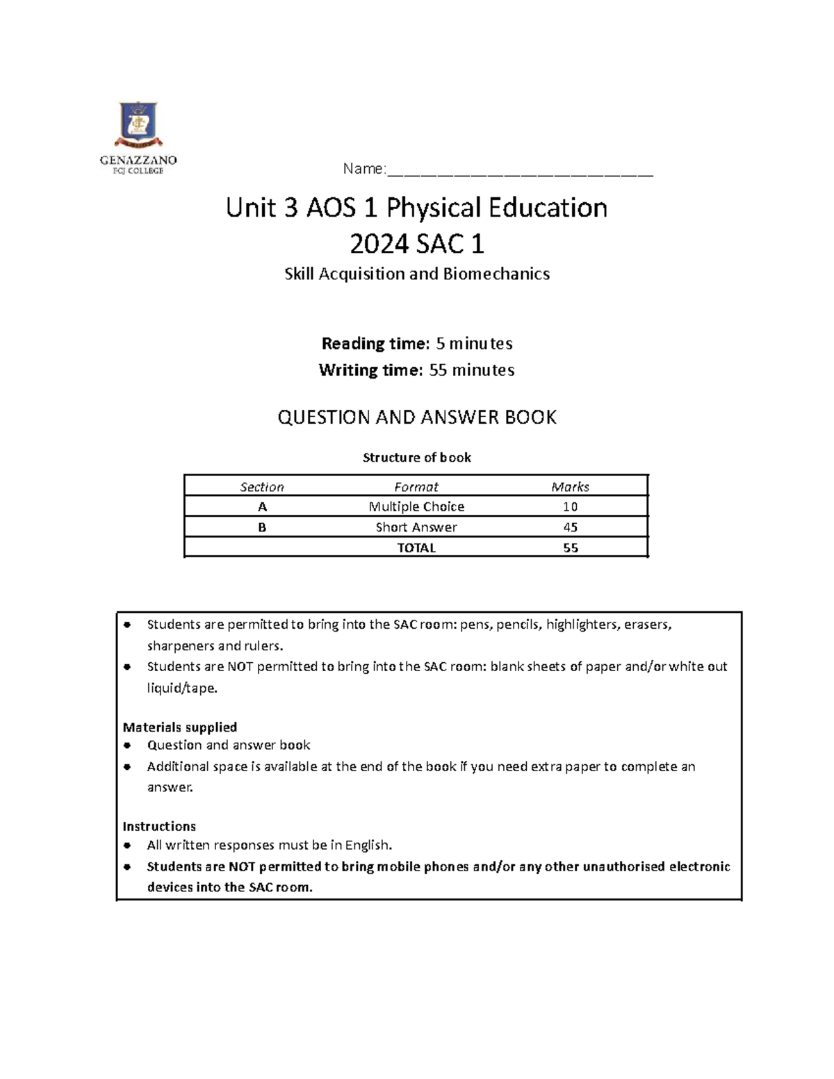2024 AOS 1 Physical Education SAC 1: Skill Acquisition & Biomechanics ...