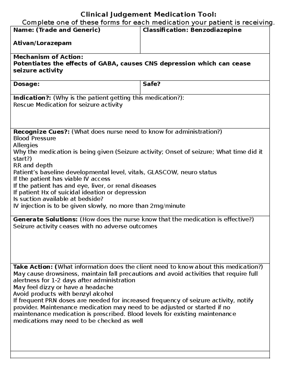 Clinical Judgement Medication Tool: Reflection for JW SIM - Studocu