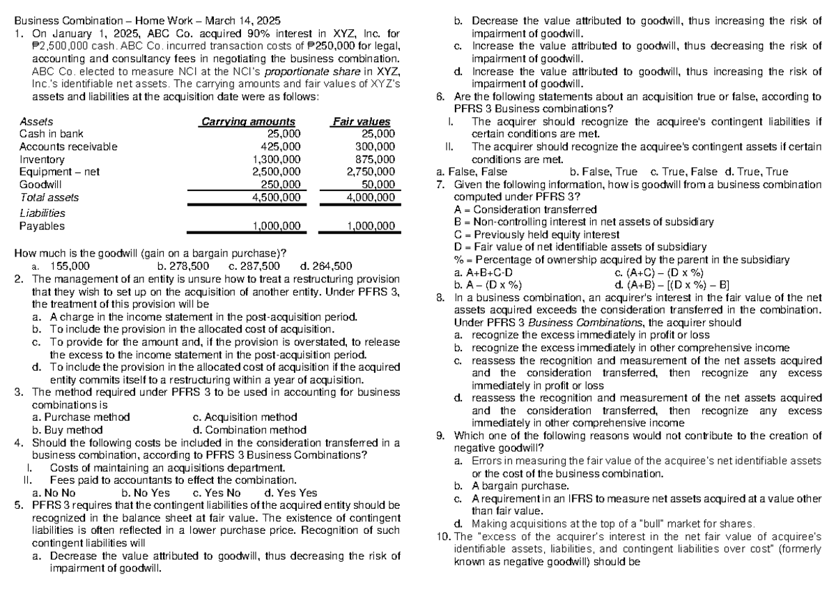Business Combi - Business Combination – Home Work – March 14, 2025 On ...