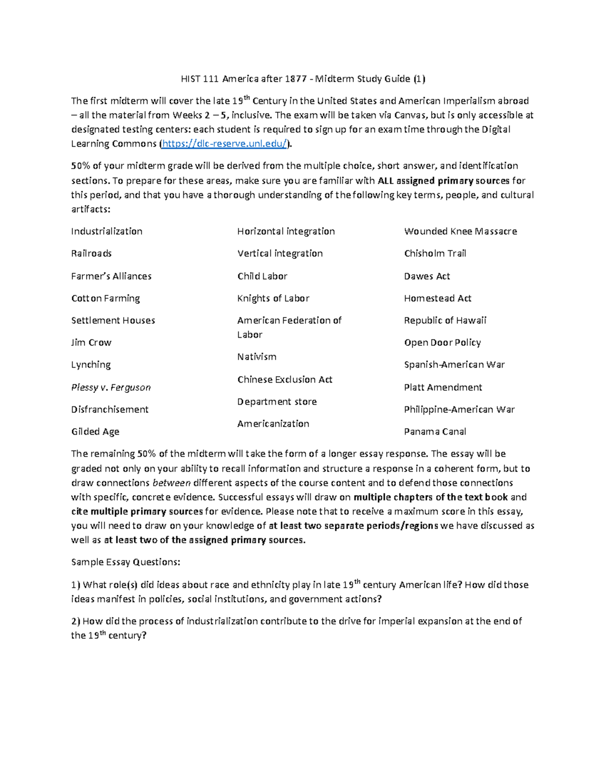 HIST 111 Midterm Study Guide: America Post-1877 & Imperialism - Studocu