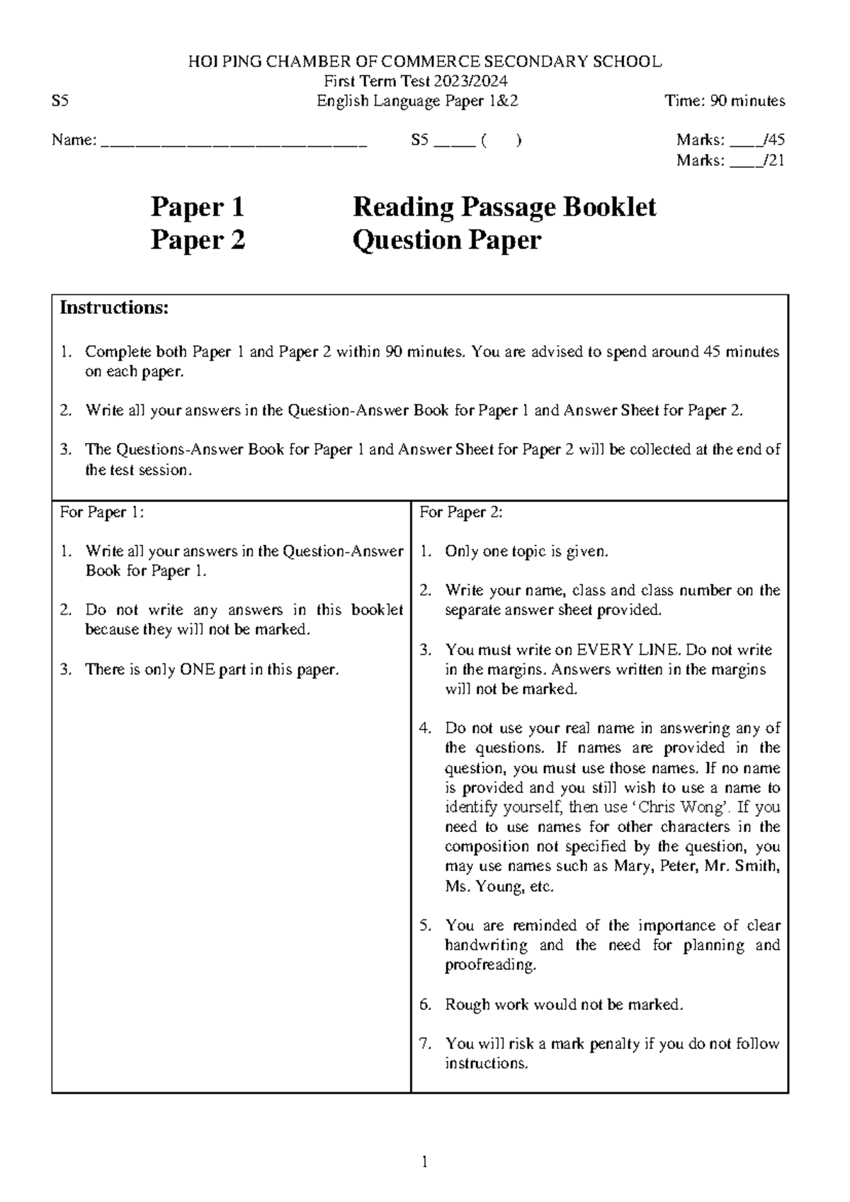 23-24 First Term Test S5 English Language Paper 1: Reading Passage ...