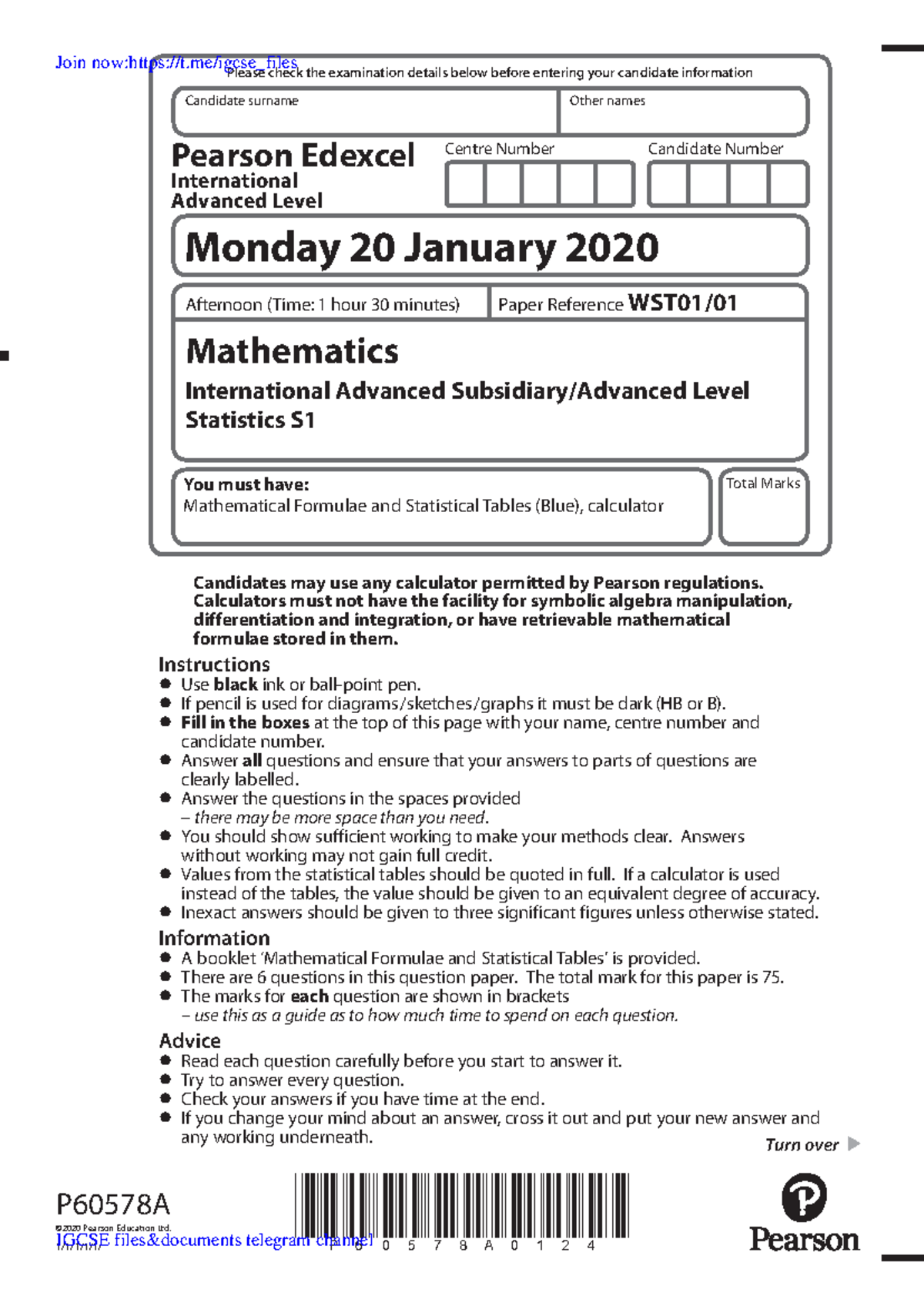 Mathematics S1 Jan 2020 Exam Paper (Afternoon, 1hr 30min) WST01 - Studocu