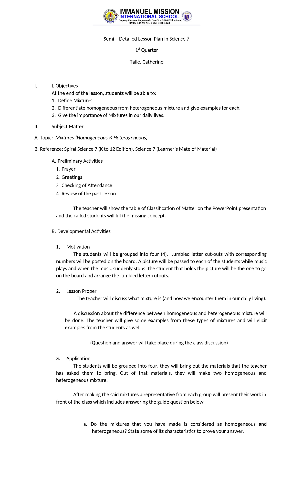 Semi-Detailed Lesson Plan on Mixtures for Science 7 - 1st Quarter - Studocu
