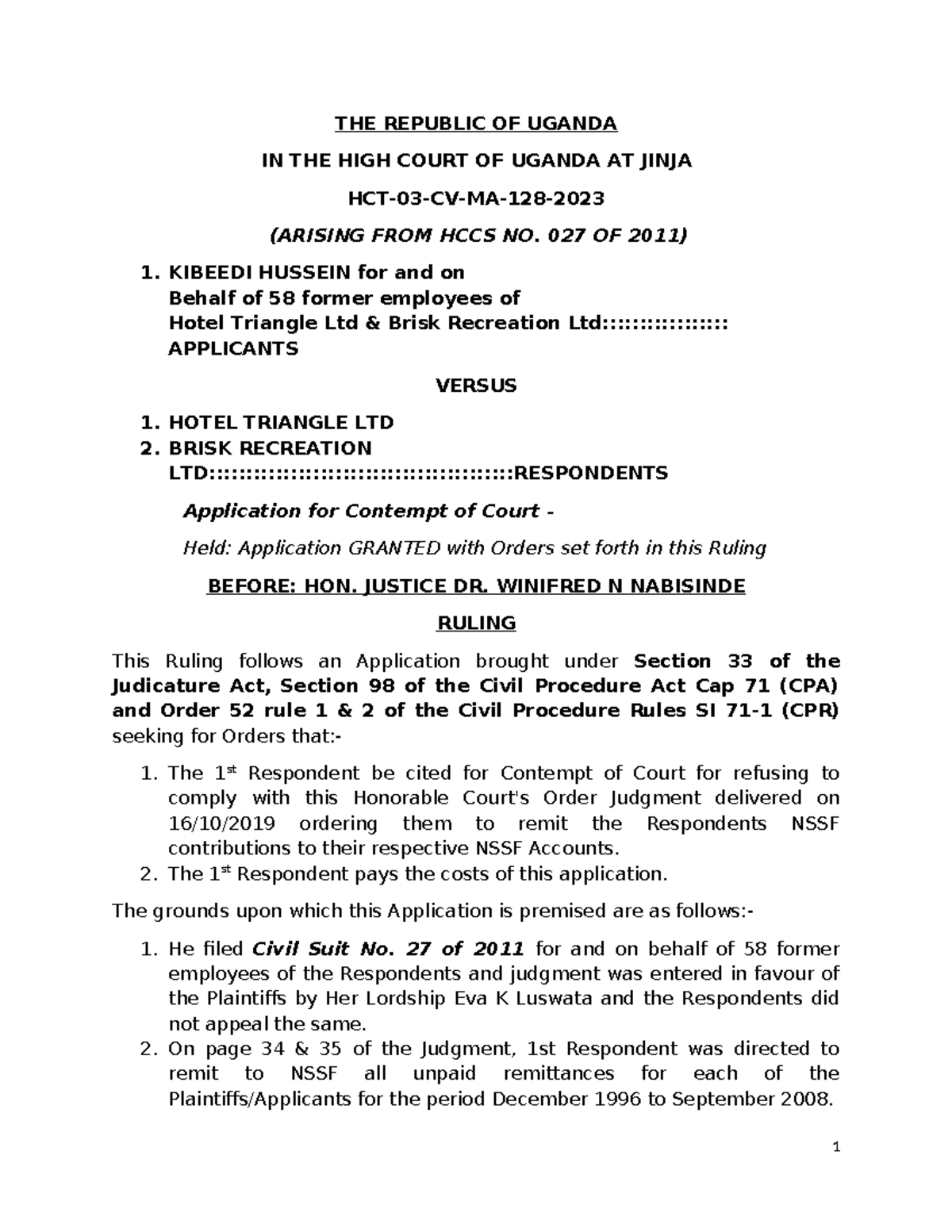 Contempt of Court Application: Kibeedi Hussein vs. Hotel Triangle Ltd ...