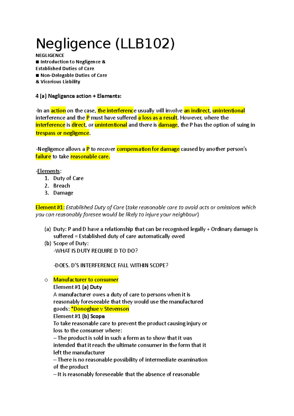Negligence (LLB102) Exam Notes: Key Concepts and Case Examples - Studocu
