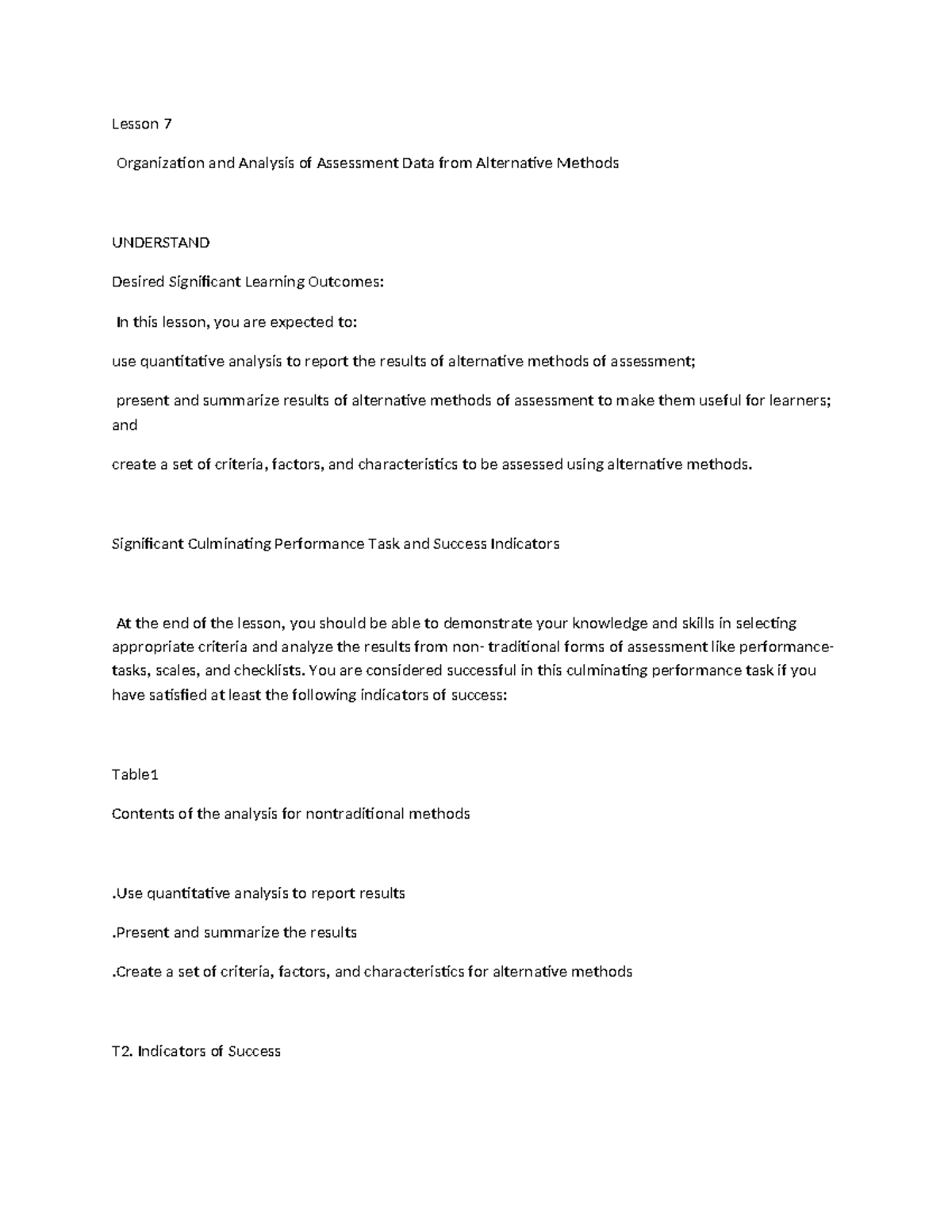 Lesson 7: Analyzing Assessment Data from Alternative Methods - Studocu