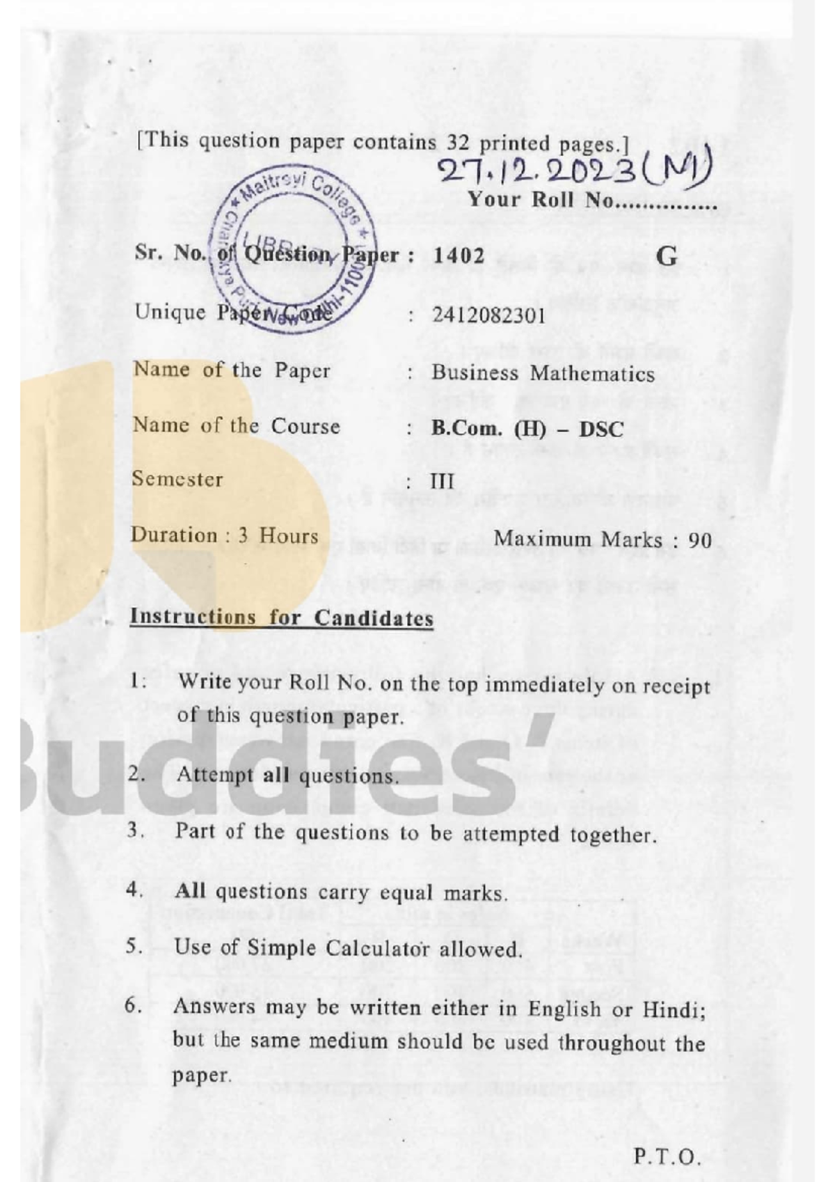 B.Com. (H) DSC Business Mathematics Question Paper - 27.12.2023 - Studocu