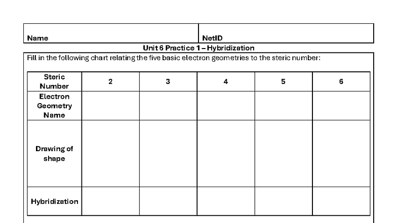 Unit 6 Practice 1: Hybridization and Electron Geometry Notes - Studocu