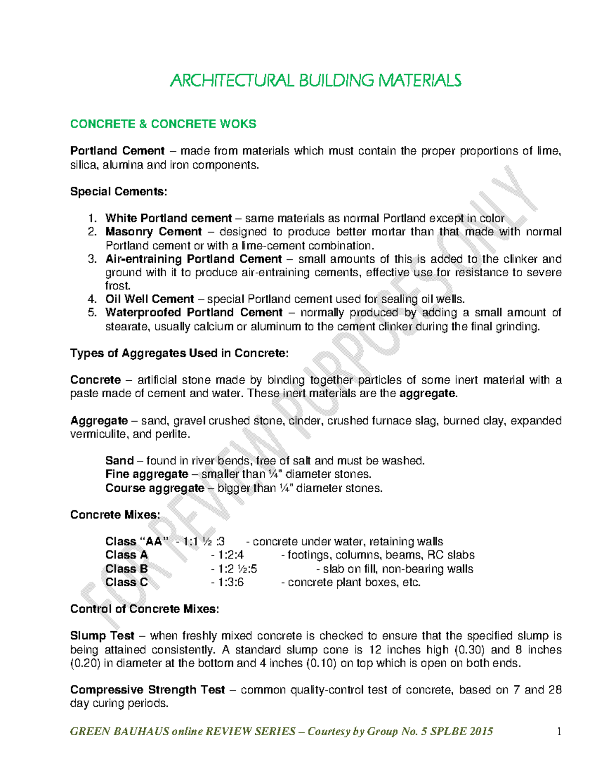 ARCH 101: Comprehensive Guide to Concrete and Building Materials - Studocu