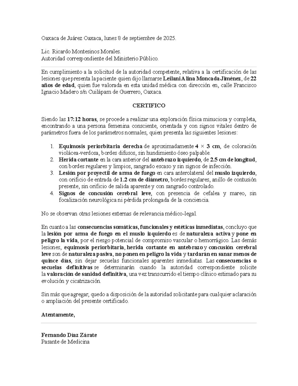 Certificado y Dictamen Médico de Lesiones - Caso Leilani Alina Moncada ...