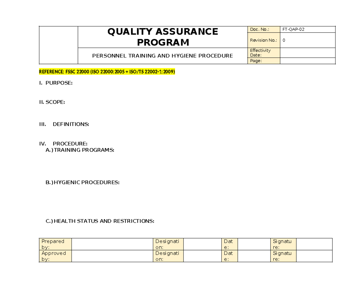 13 Personnel Training and Hygiene Procedure - QUALITY ASSURANCE PROGRAM ...