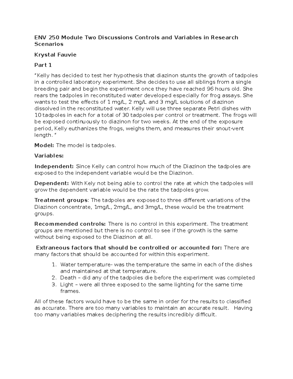 ENV 250 Module Two Discussion: Controls & Variables in Tadpole Growth ...