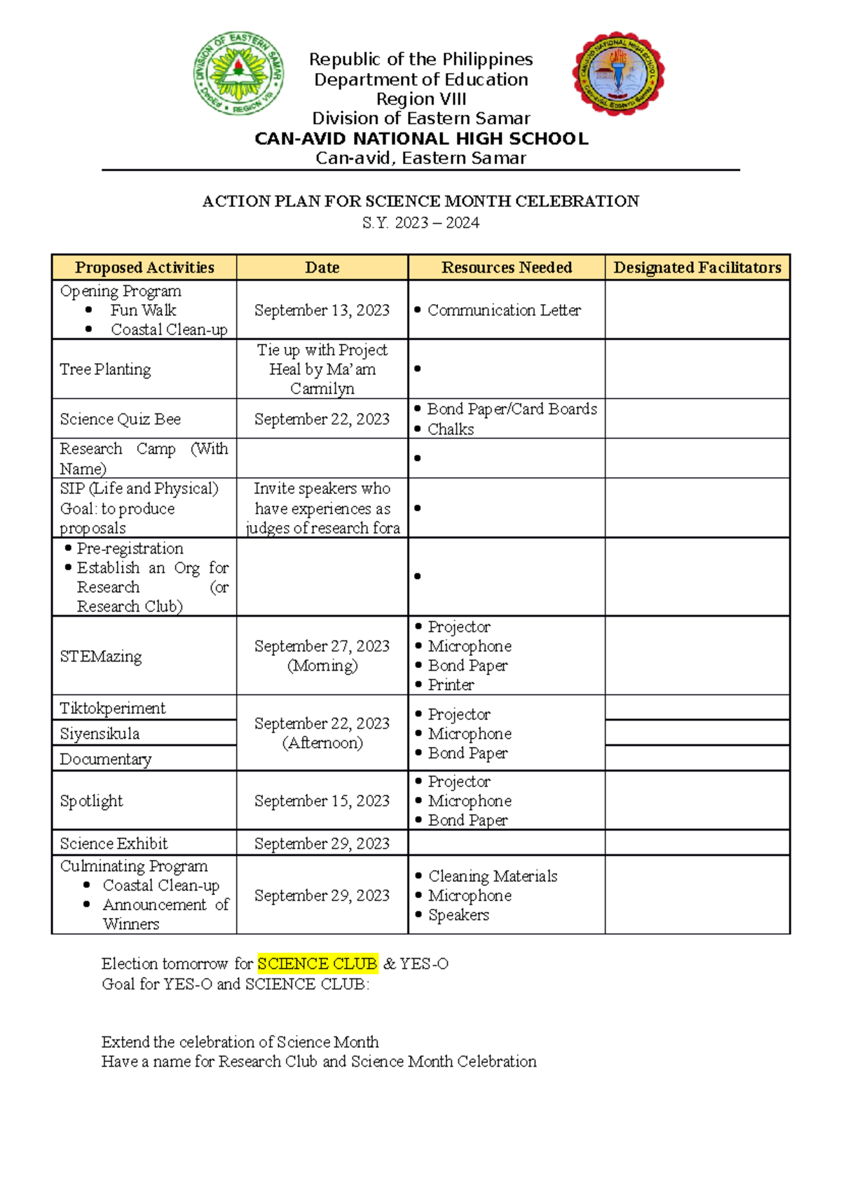 Action Plan for Science Month Celebration 2023-2024 - Studocu