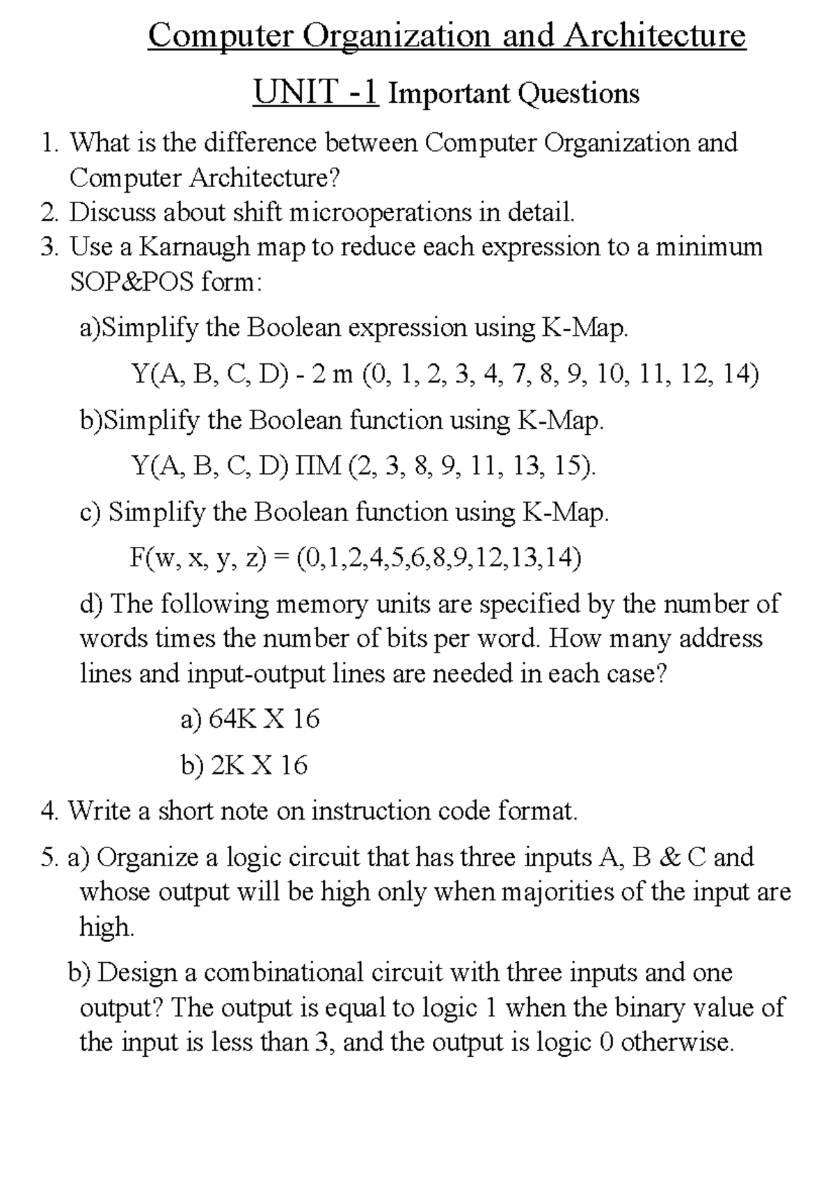 COA Unit 1, 2, 3: Key Questions on Computer Organization & Architecture ...