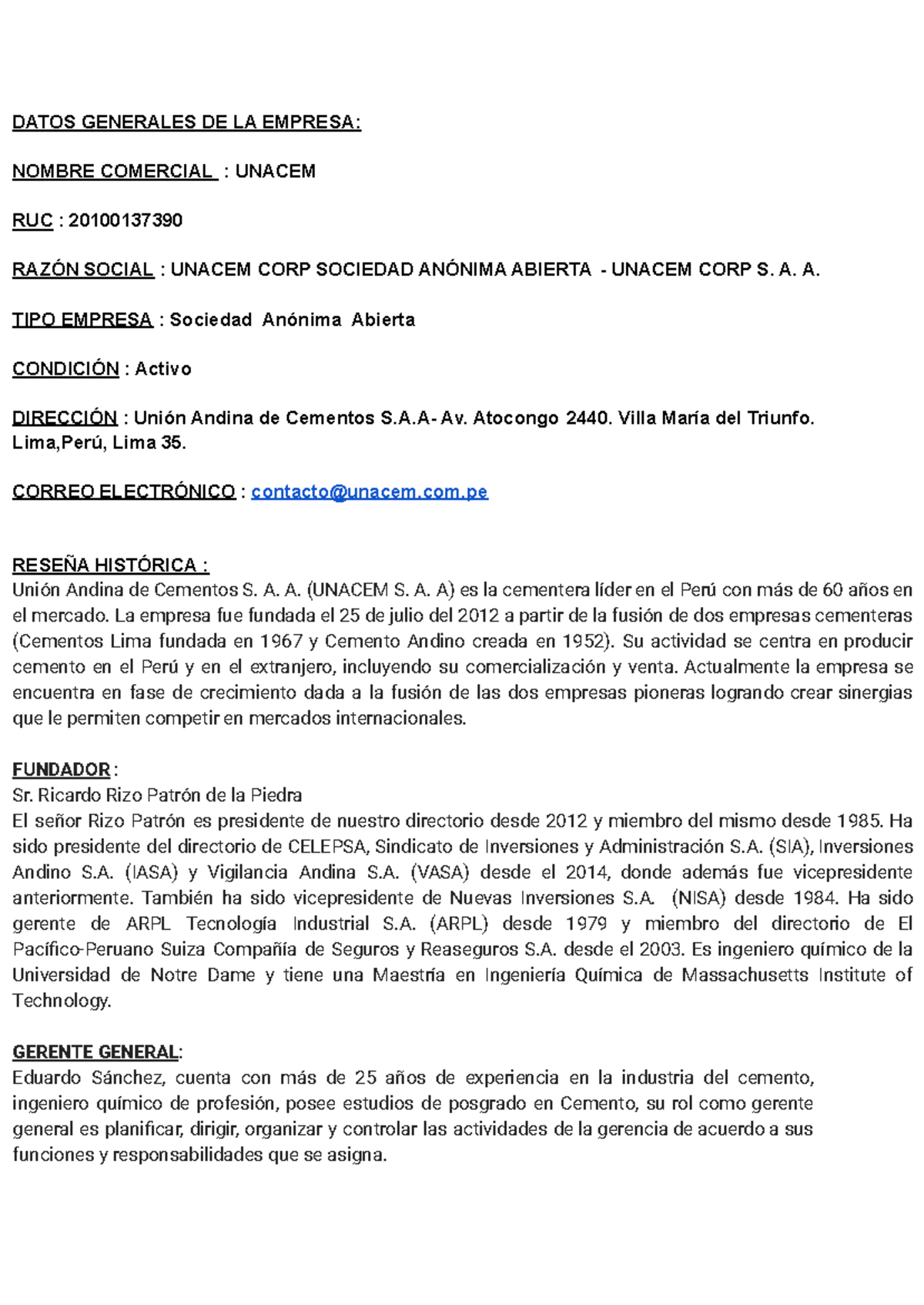 Datos Generales de UNACEM S.A.A: Análisis Financiero y Estructura ...