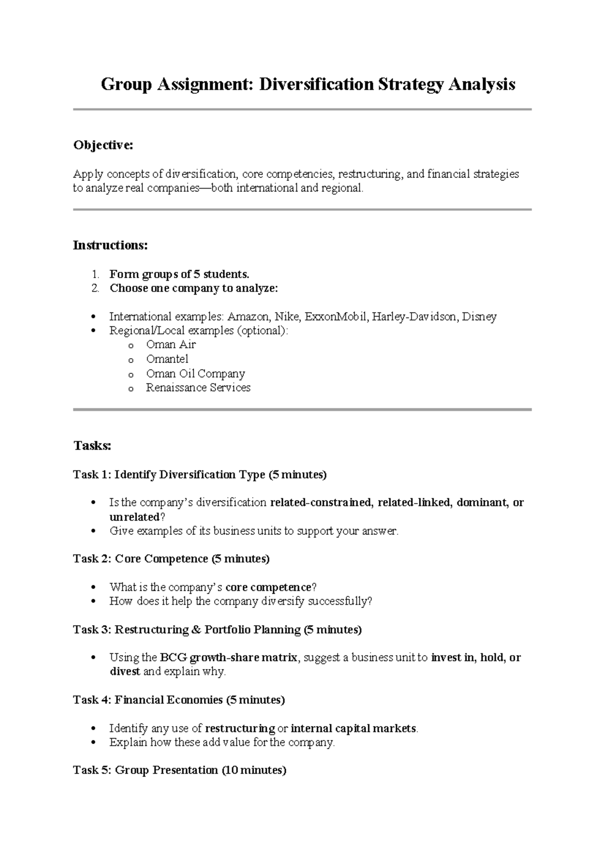 Group Assignment 2: Diversification Strategy Analysis (Chapter 8) - Studocu