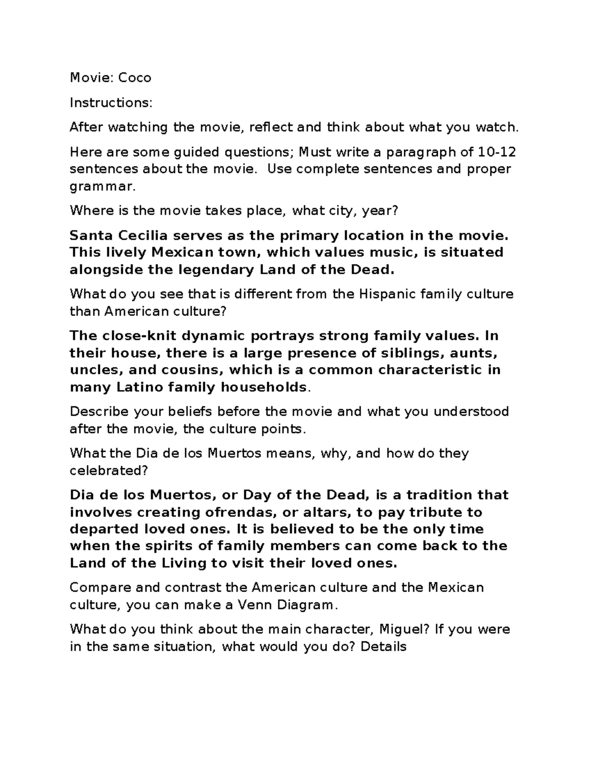 Reflection on Pixar's Coco: Culture & Family in Santa Cecilia - Studocu