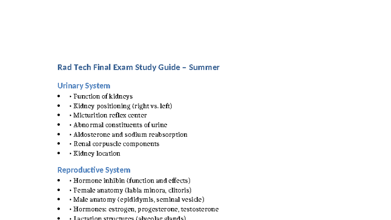 Rad Tech Final Exam Study Guide: Body Systems Overview - Studocu