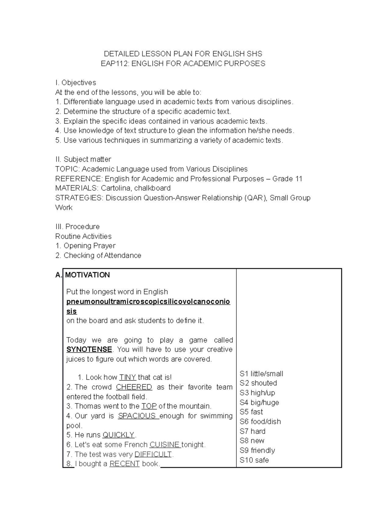 EAP112 Detailed Lesson Plan: Academic Language & Context Clues - Studocu