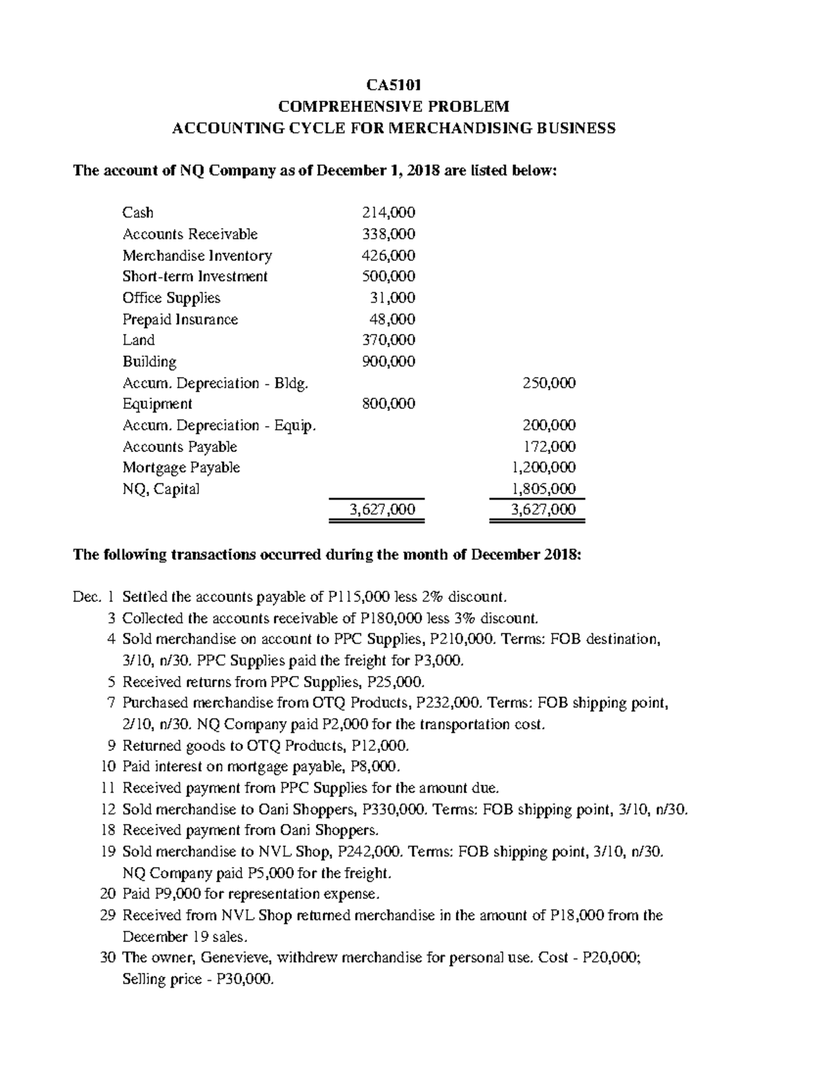 CA5101 Comprehensive Problem: Accounting Cycle for Merchandising ...