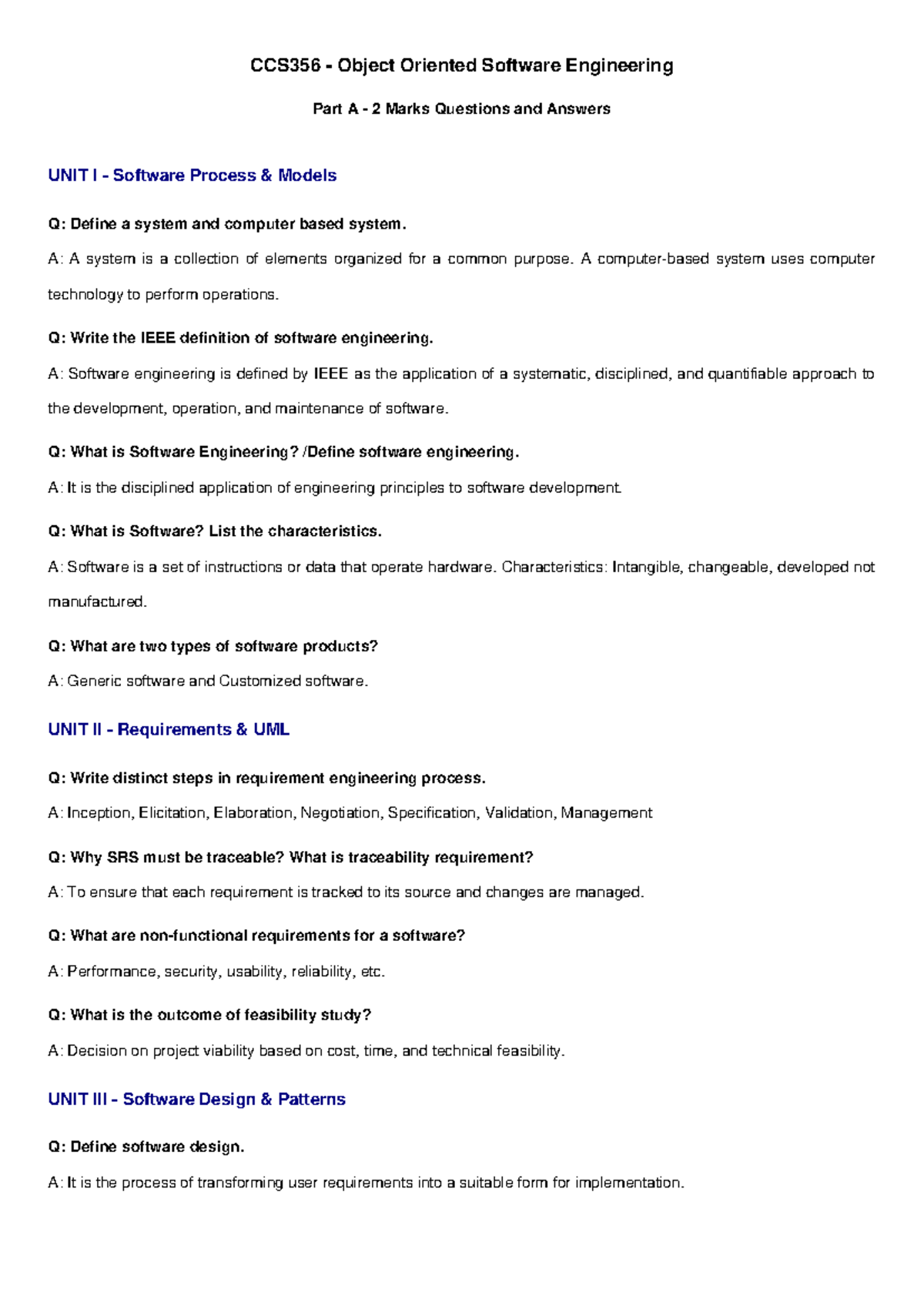 CCS356 Object Oriented Software Engineering Part A Q&A for All Units - Studocu