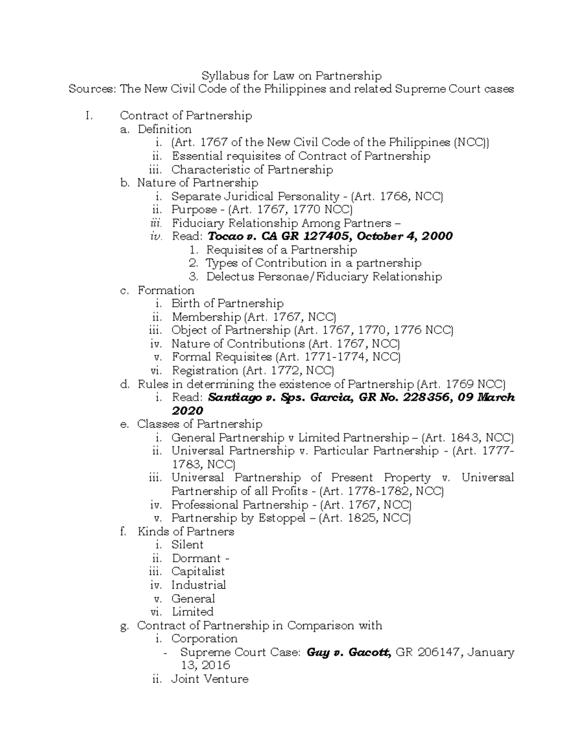 Syllabus for Law on Partnership (NCC) - Key Concepts & Cases - Studocu