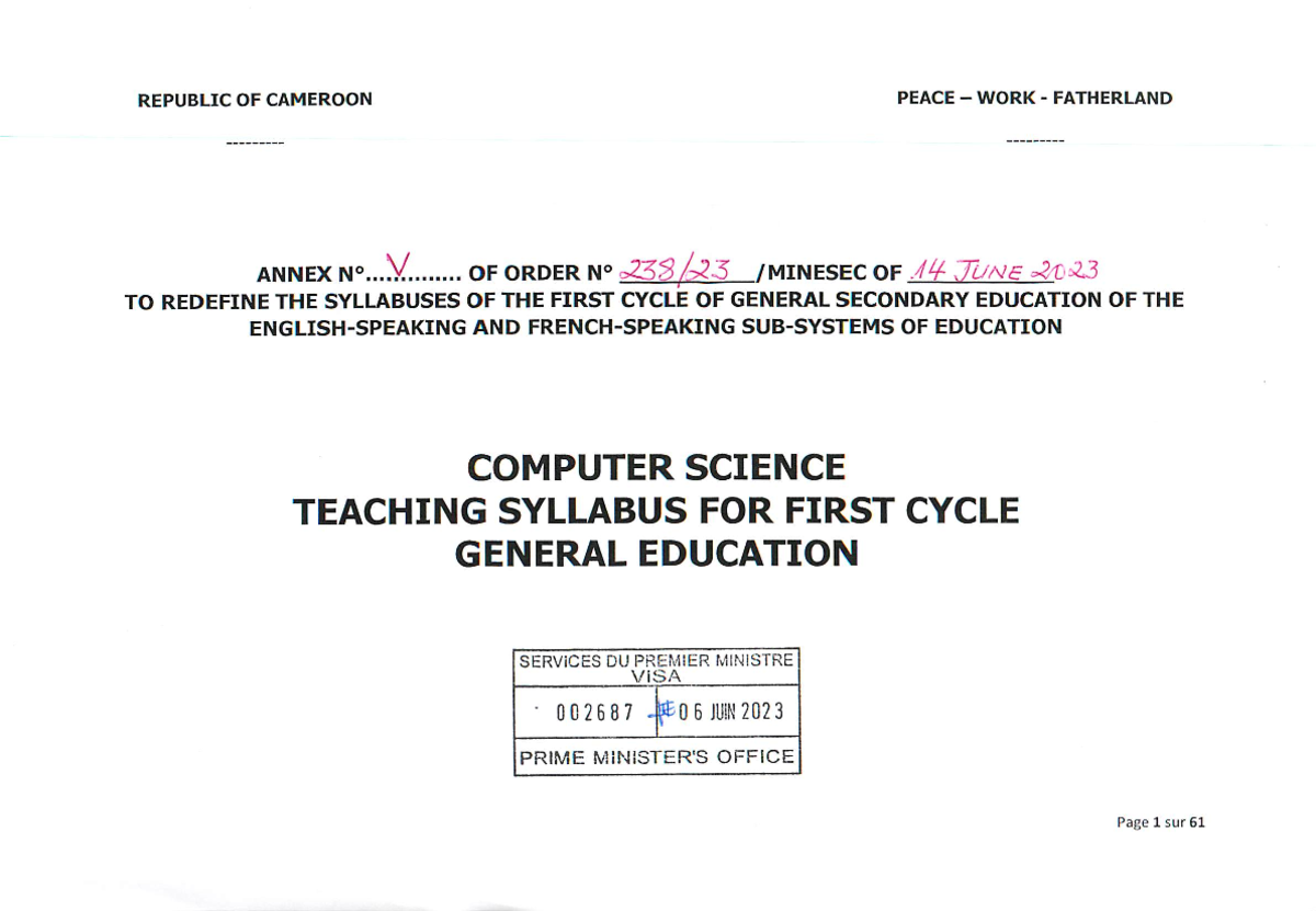 Computer Science Syllabus for First Cycle (Forms 1-5) - 2023 - Studocu