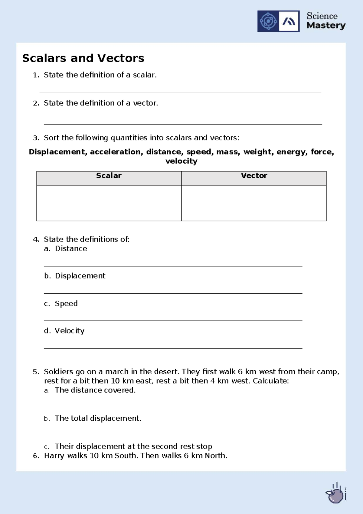 Scalars and Vectors Worksheet: Definitions and Calculations - Studocu
