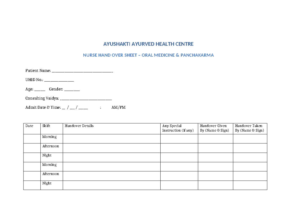 7 Nurse Handover Sheet Ayushakti - AYUSHAKTI AYURVED HEALTH CENTRE ...