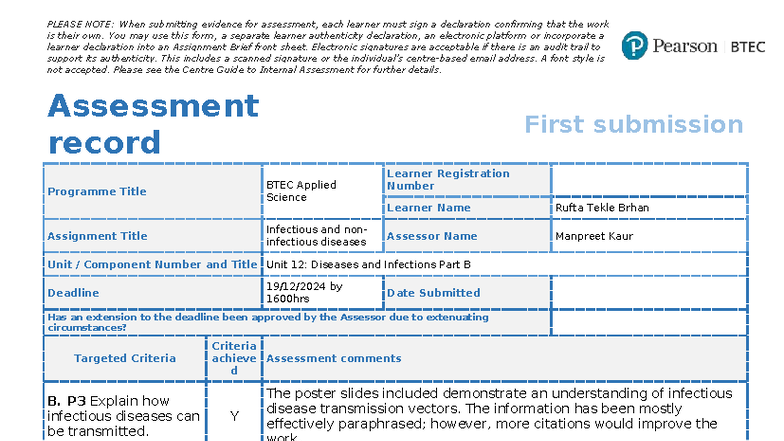 BTEC Applied Science Unit 12: Infectious Diseases Assessment Feedback - Studocu