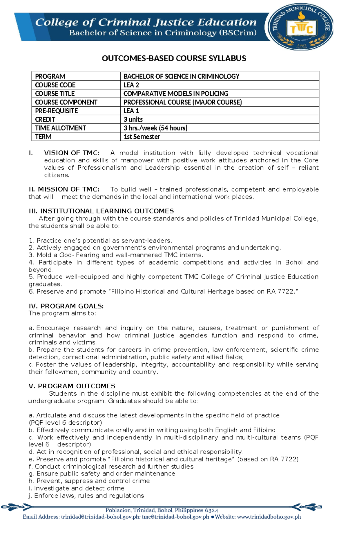 LEA-2 Syllabus: Comparative Policing Models in Law Enforcement - Studocu
