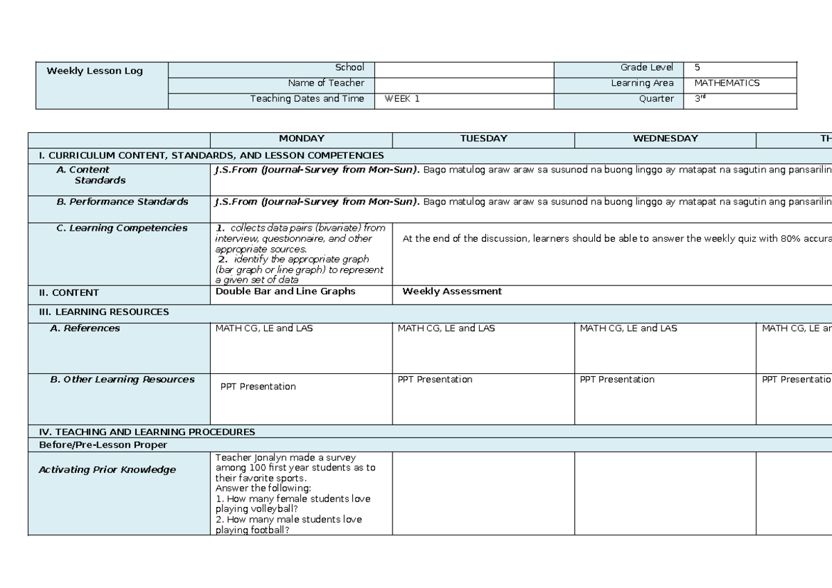 DLL MATH5 Q3 Week 1: Weekly Lesson Log & Teaching Guide - Studocu