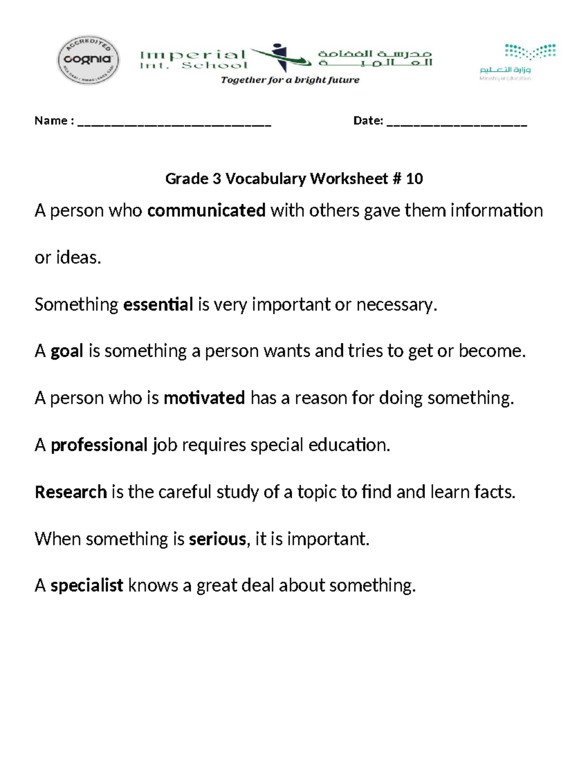 Vocabulary Worksheet 10 Rocketing INTO Space - Name ...