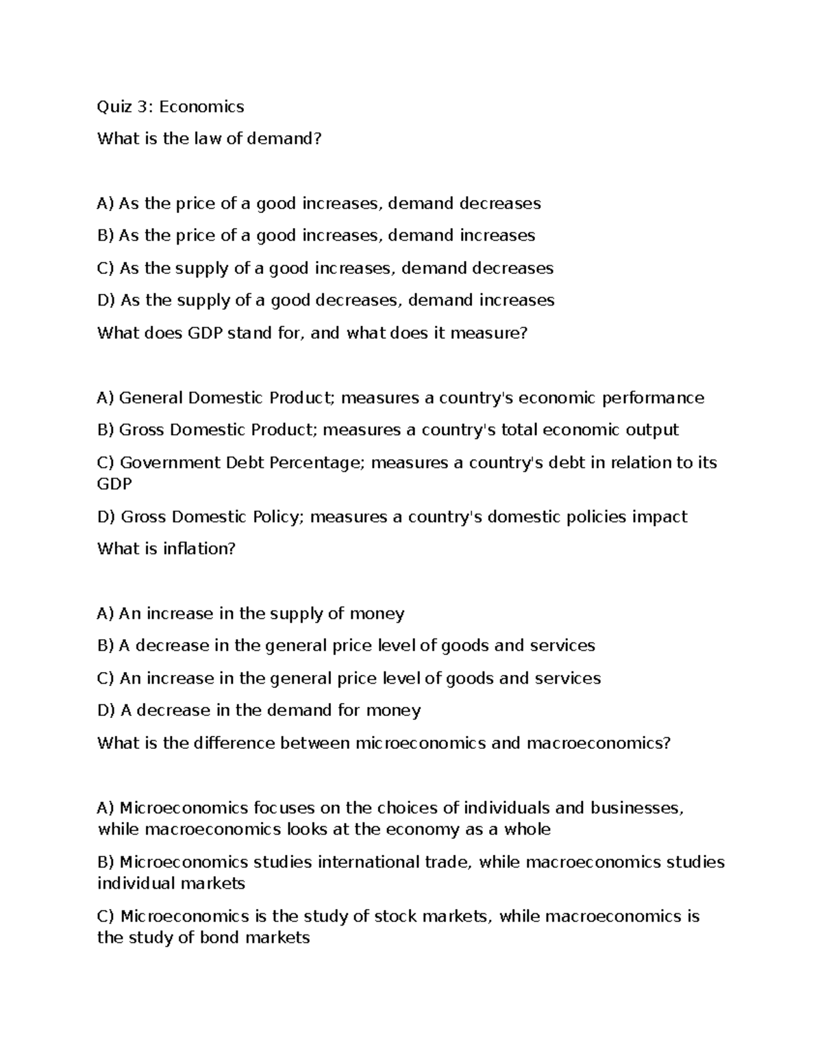 Economics Quiz 3: Key Concepts and Terminology - Studocu