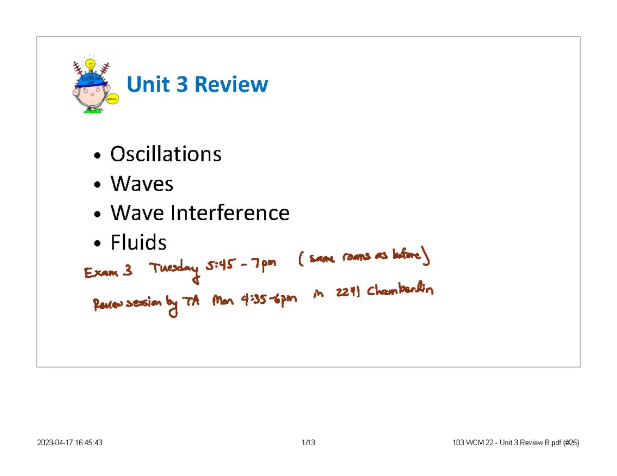 Unit 3 Review Notes for Physics 103: Oscillations, Waves, & Fluids ...