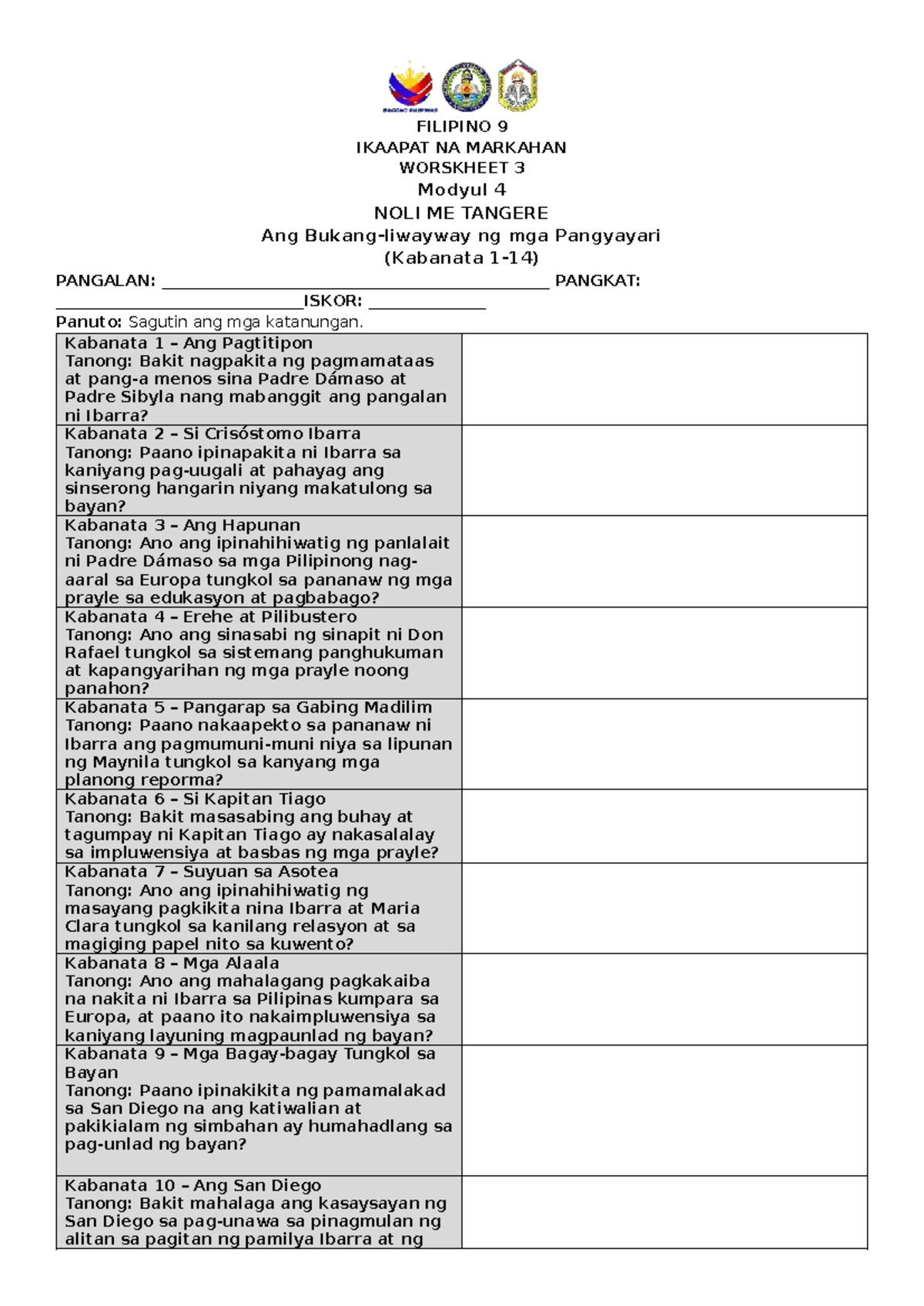 FILIPINO 9 IKAAPAT NA MARKAHAN WORKSHEET 3: NOLI ME TANGERE Kabanata ...
