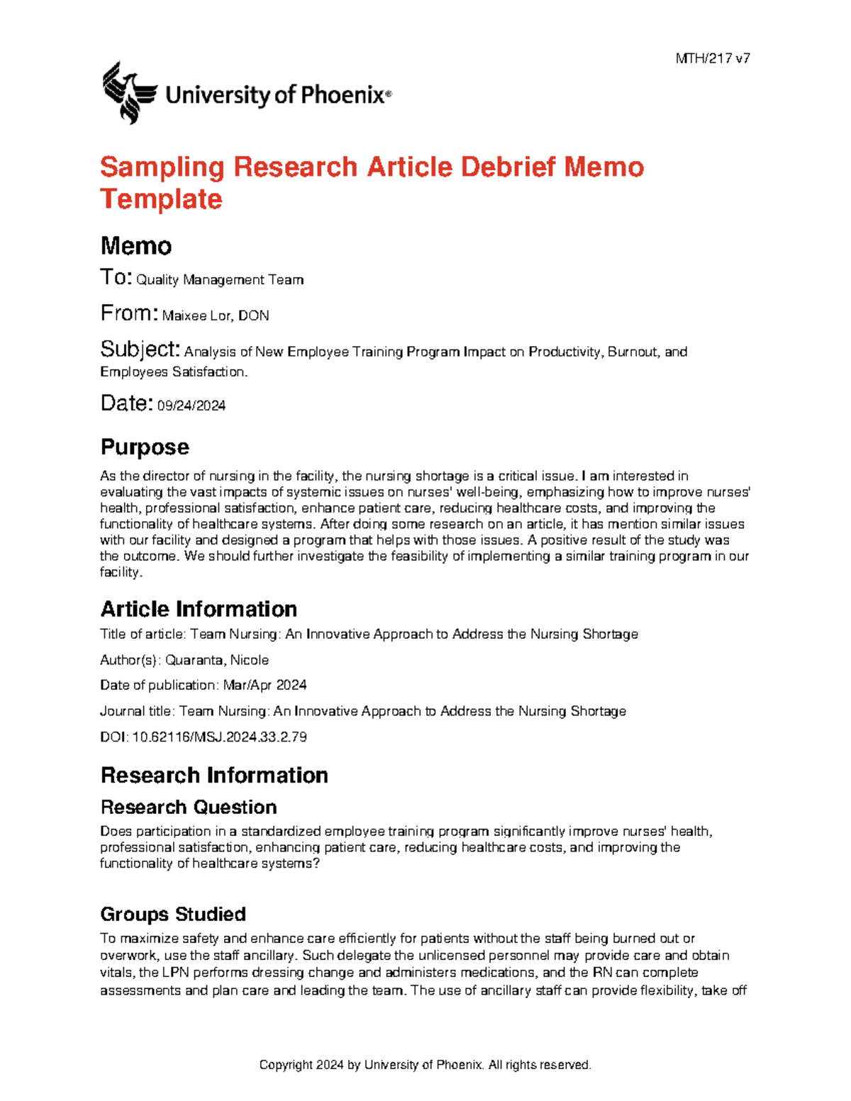 MTH/217 v7 Week 2 Sampling Research Article Debrief Memo Template - Studocu