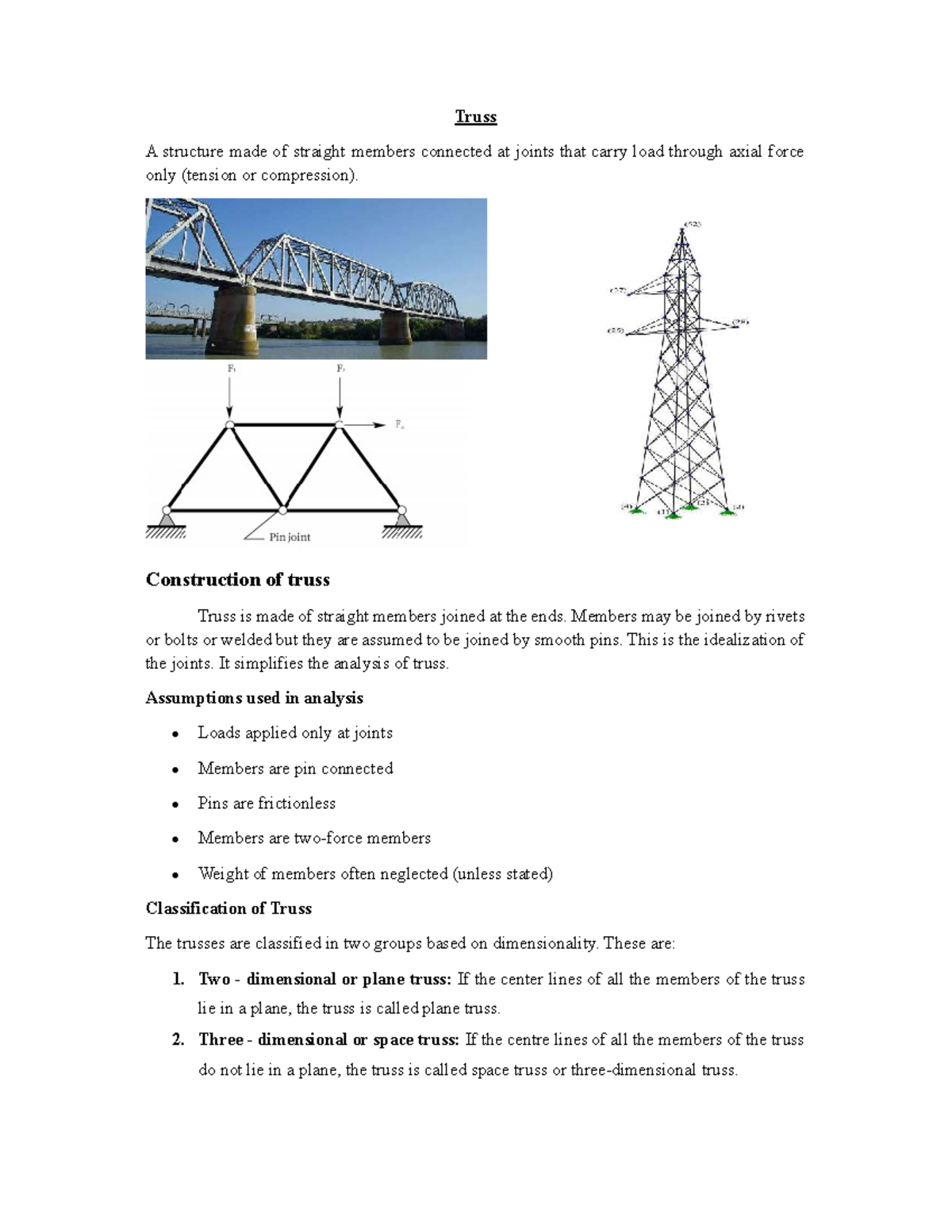 Truss Analysis - Assignment Notes for Structural Engineering (ENG 101 ...