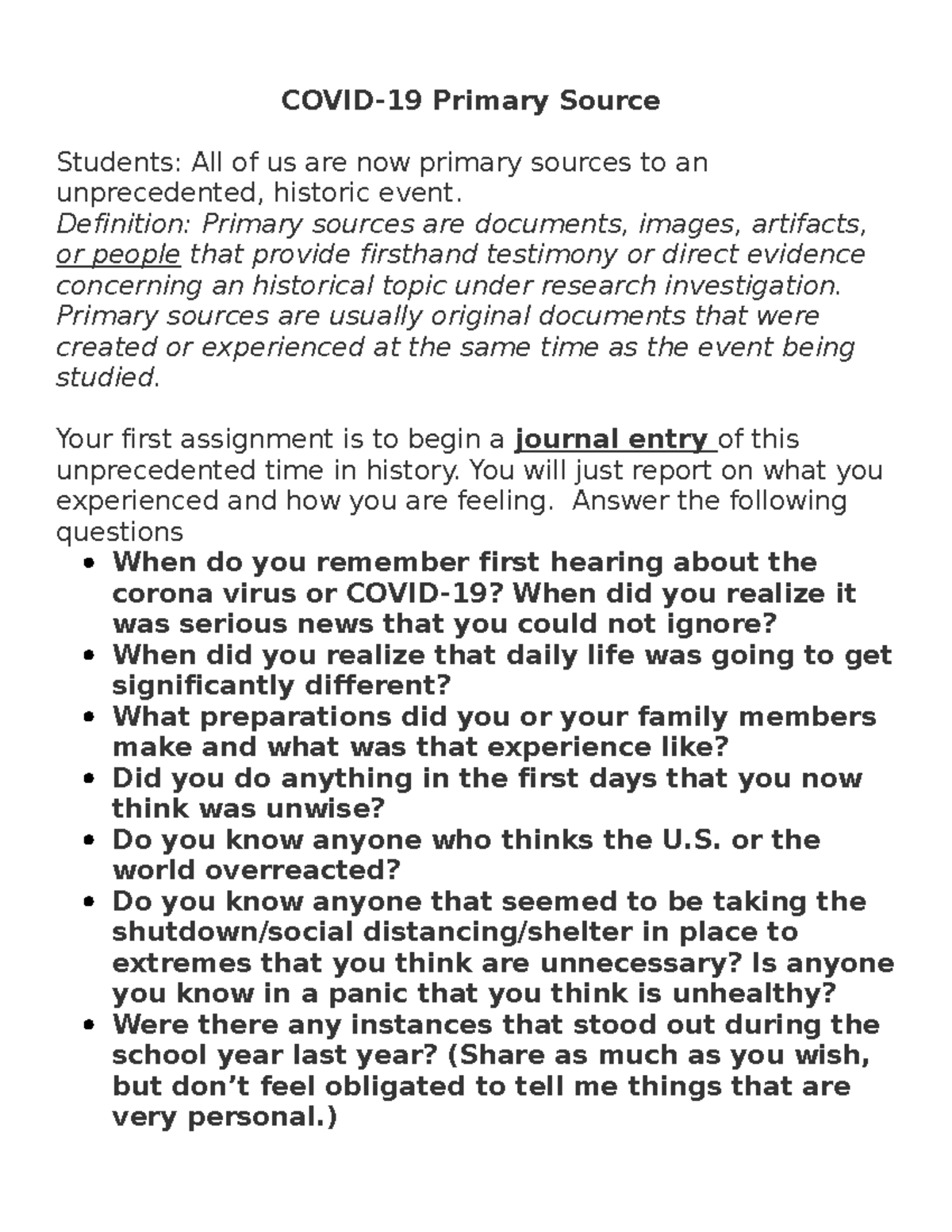 COVID-19 Primary Source Journal: First Day School Reflections - Studocu