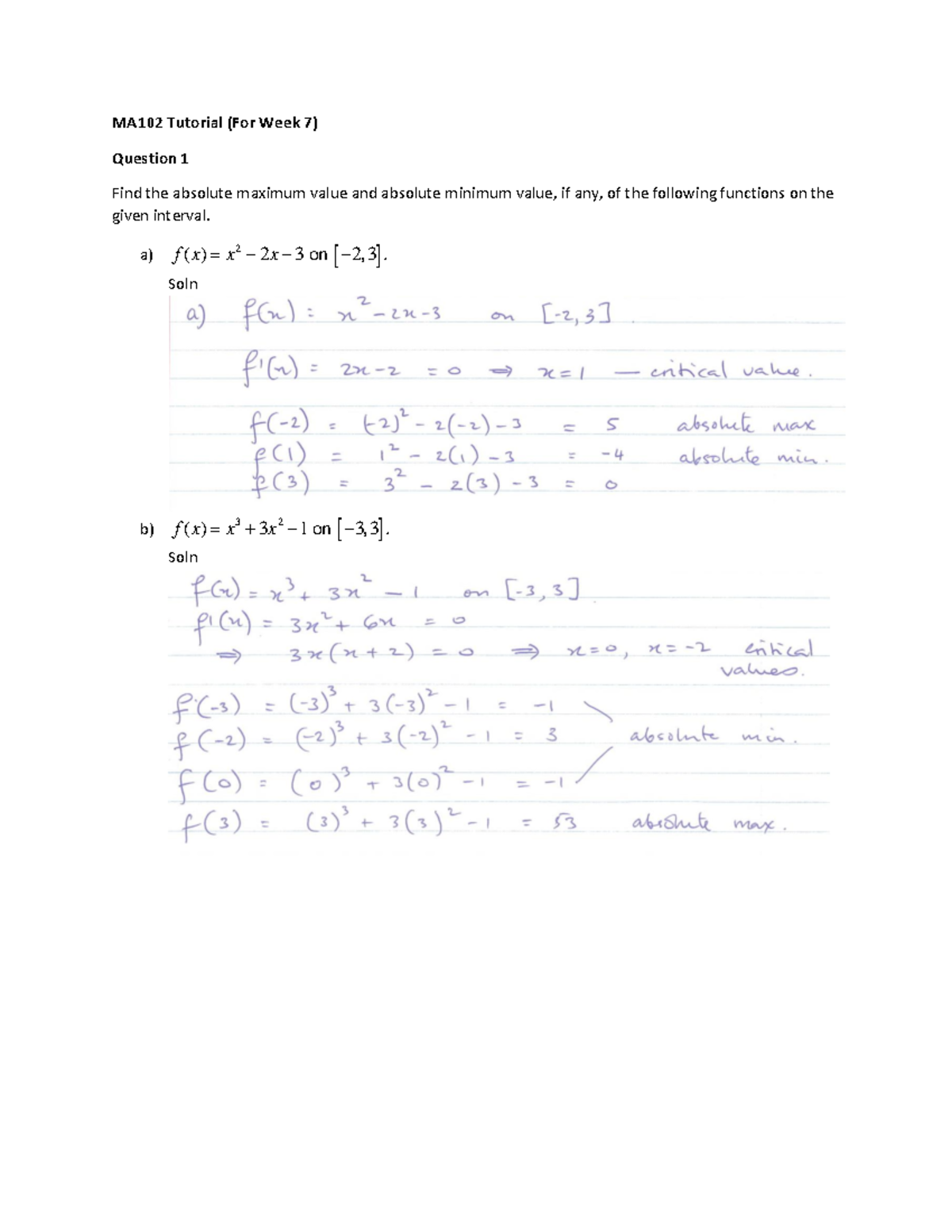 MA102 Tutorial (for week 7) Soln - MA102 Tutorial (For Week 7) Question 1 Find the absolute ...