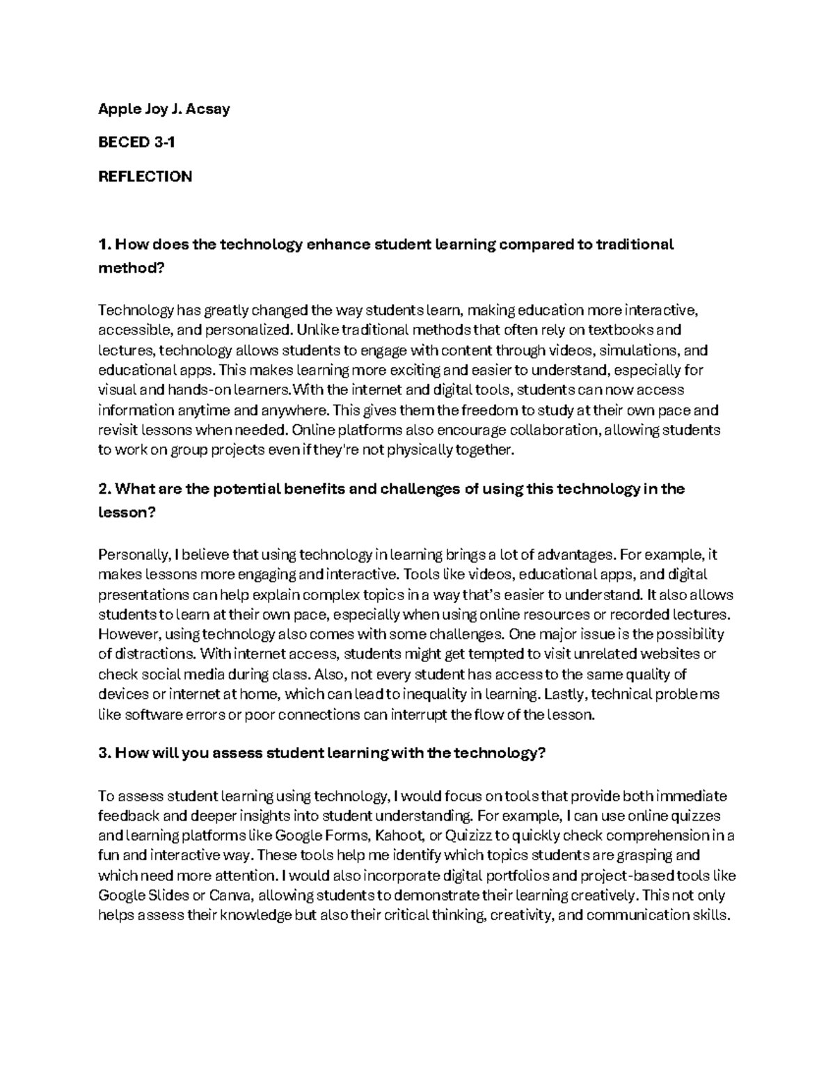 BECED Reflection: Enhancing Learning Through Technology - Studocu