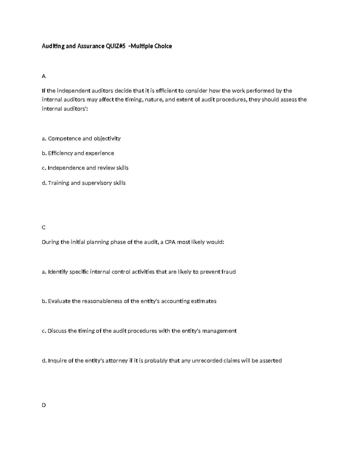 Auditing and Assurance QUIZ#5 - Multiple Choice Questions Analysis - Studocu