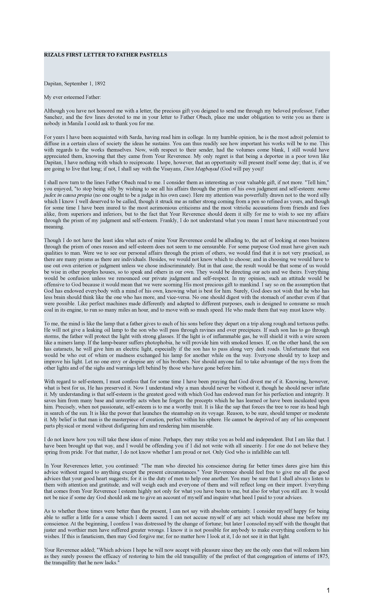 Rizal's Reflection in His Letters to Father Pastells - 1892 Insights ...