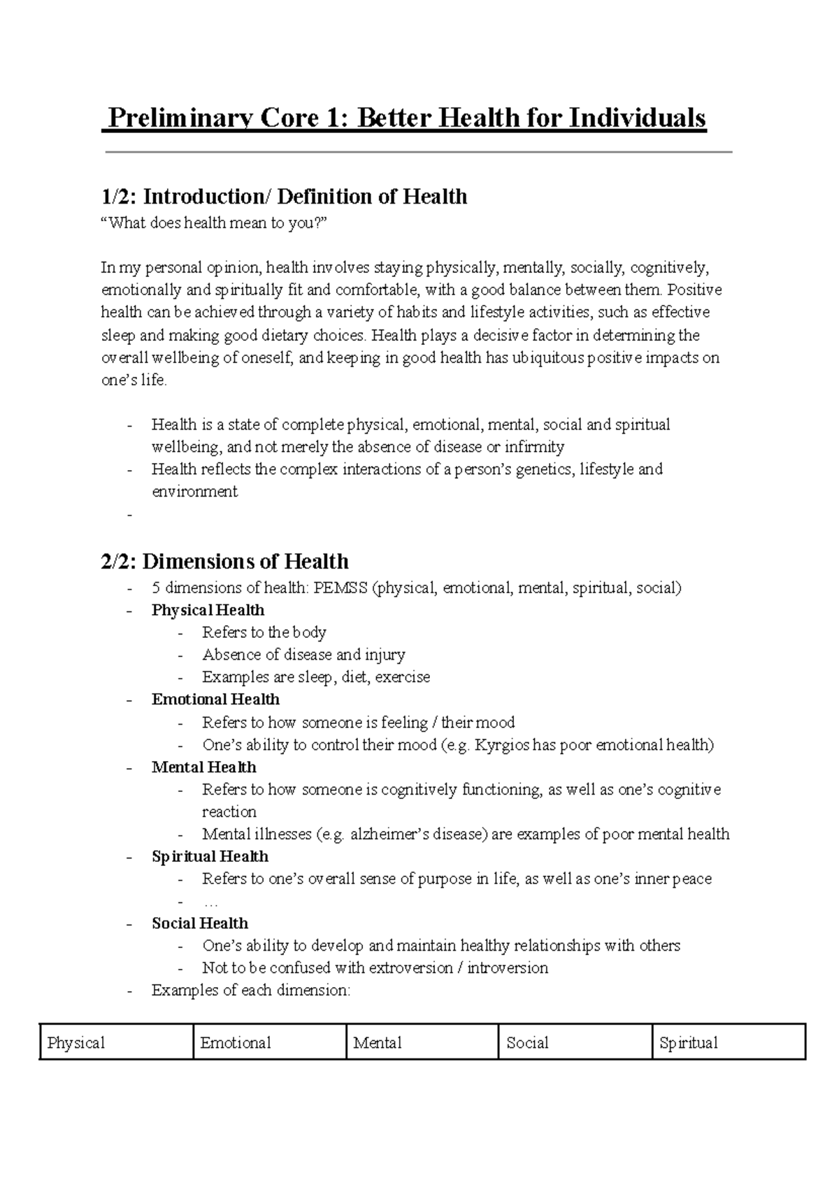Y11 Pdhpe Notes - Preliminary Core 1: Better Health for Individuals 1/2 ...