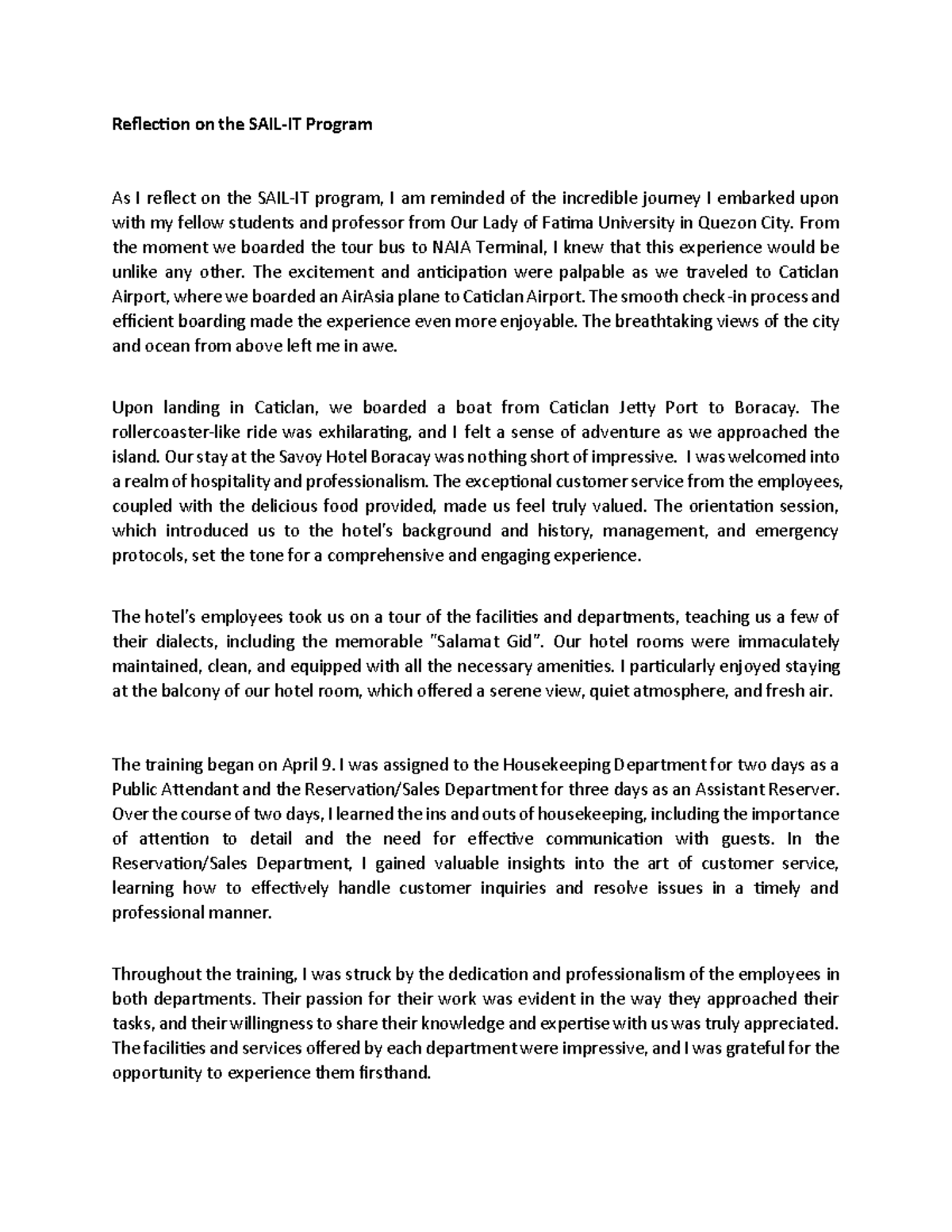 Reflection on SAIL-IT Program Experience: A 3000-Word Insight - Studocu