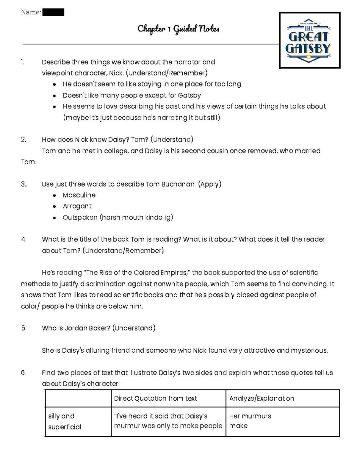 "The Great Gatsby" Chapter 1 Guided Notes - Name: Karina Chapte 1 Guide ...