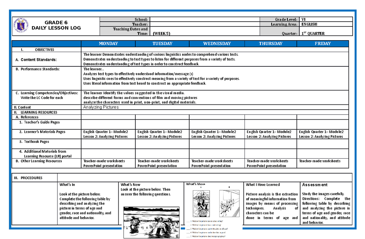 MELC-Based DLL Grade 6 WEEK 5 - English Lesson Plan Insights - Studocu